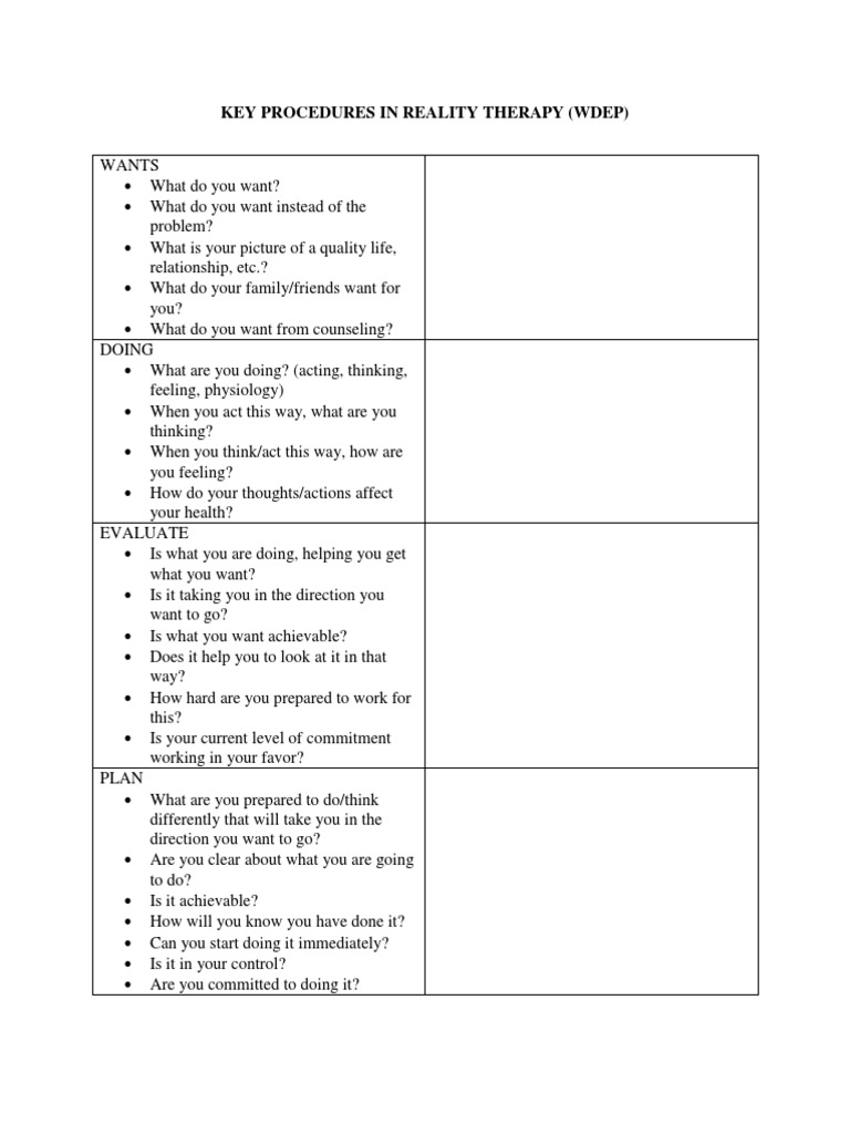 Key Procedures in Reality Therapy (Wdep) | PDF