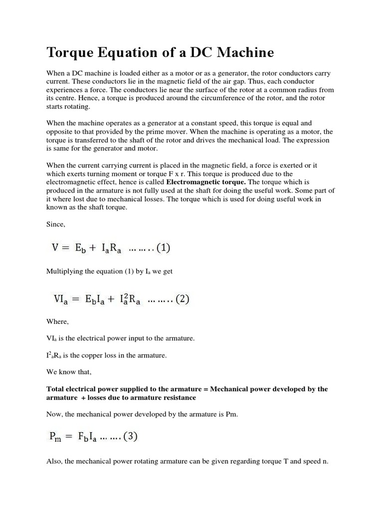 Torque Equation of A DC Machine | PDF
