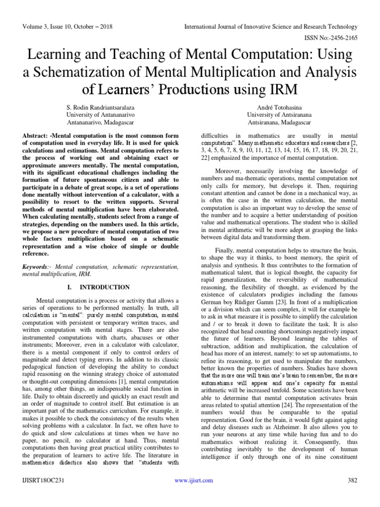 Learning and Teaching of Mental Computation: Using A Schematization of ...