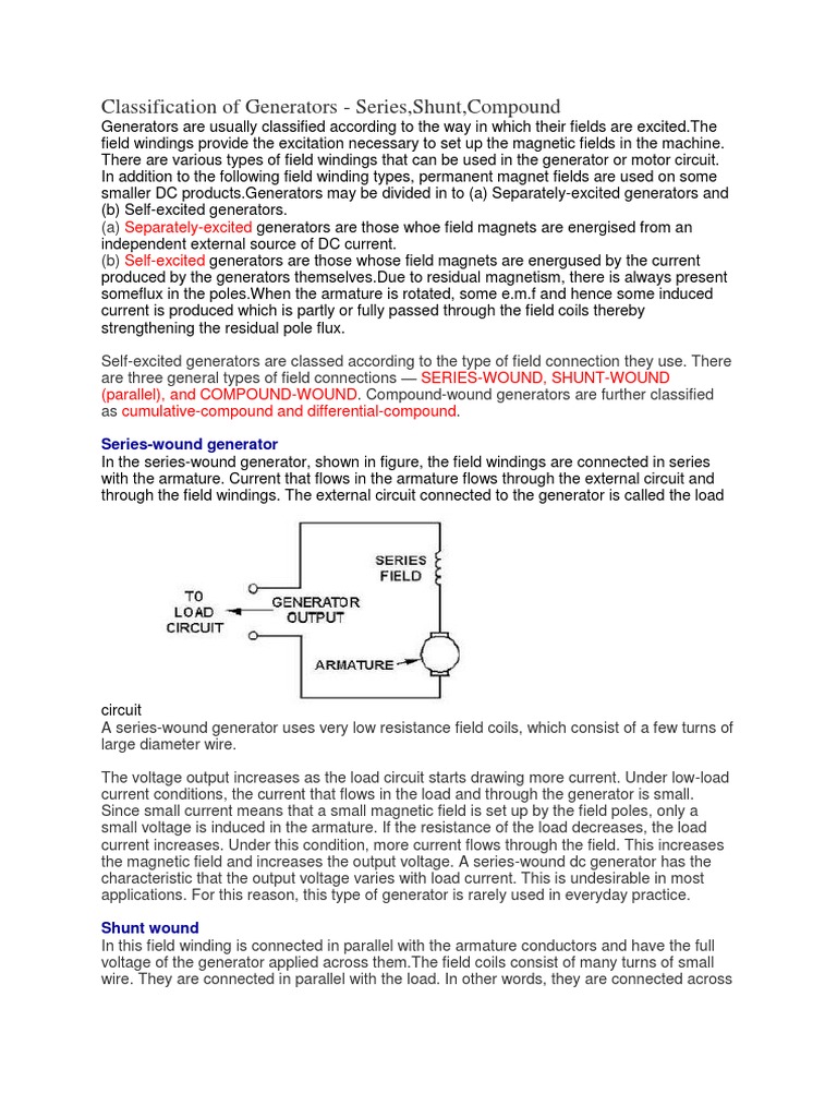 Classification of Generators - Series, Shunt, Compound: Separately ...