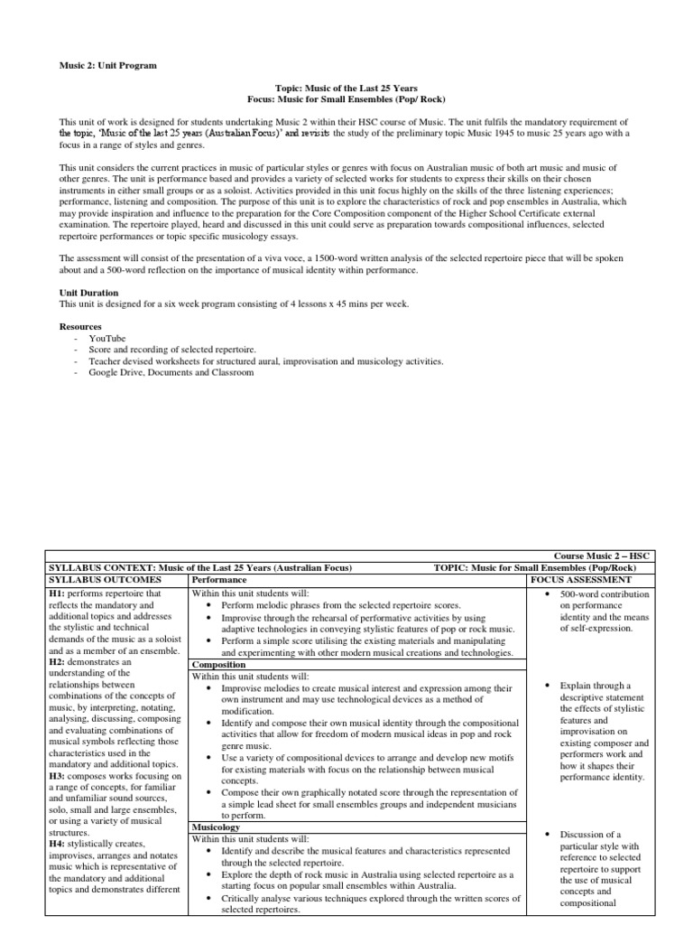 Music 2 - Unit of Work | PDF | Sheet Music | Musical Compositions