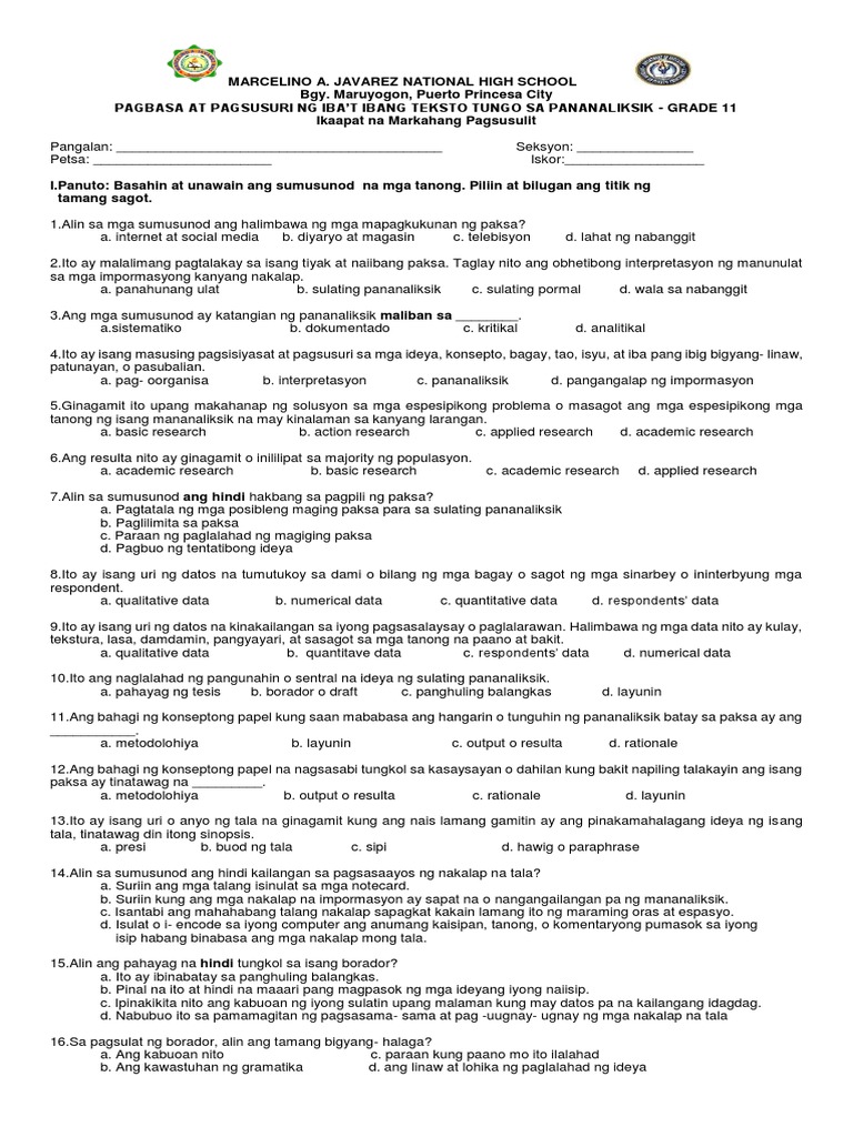 Periodical Exam in Filipino Grade 11