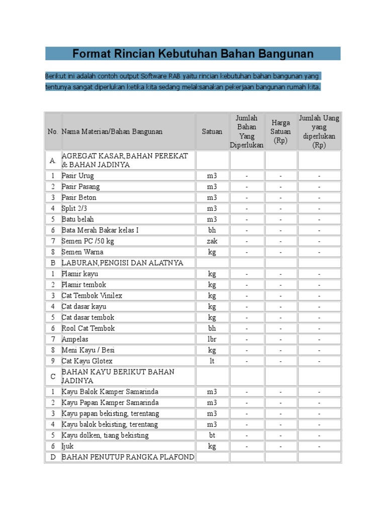 Format Rincian Kebutuhan Bahan Bangunan | PDF