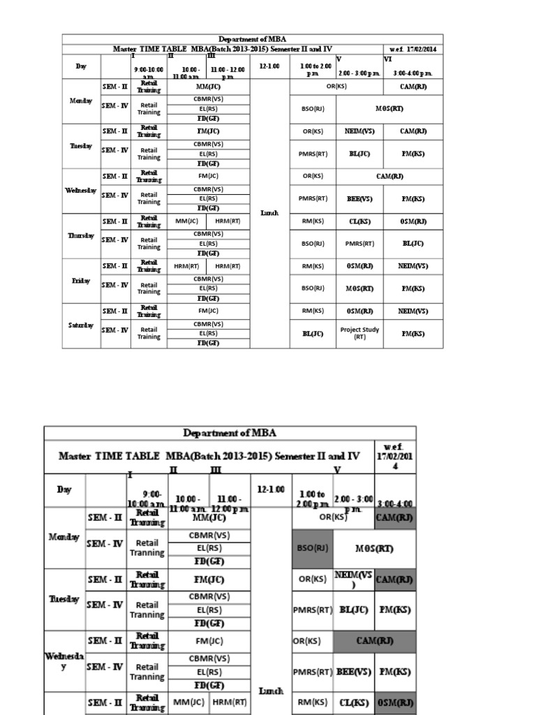 Department of MBA Master TIME TABLE MBA (Batch 2013-2015) Semester II ...