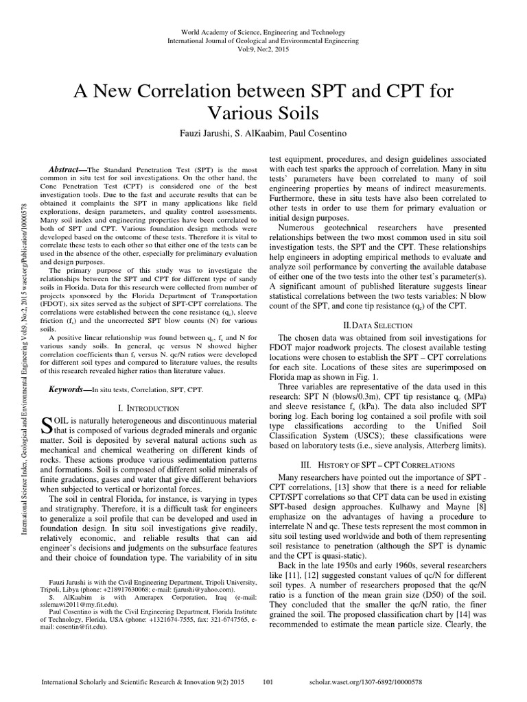 A New Correlation Between SPT and CPT For Various Soils PDF | Download Free PDF | Soil ...