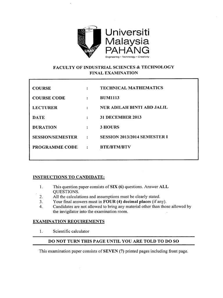 Bum1113-Technical Mathematics 11314 | PDF | Trigonometric Functions | Sine