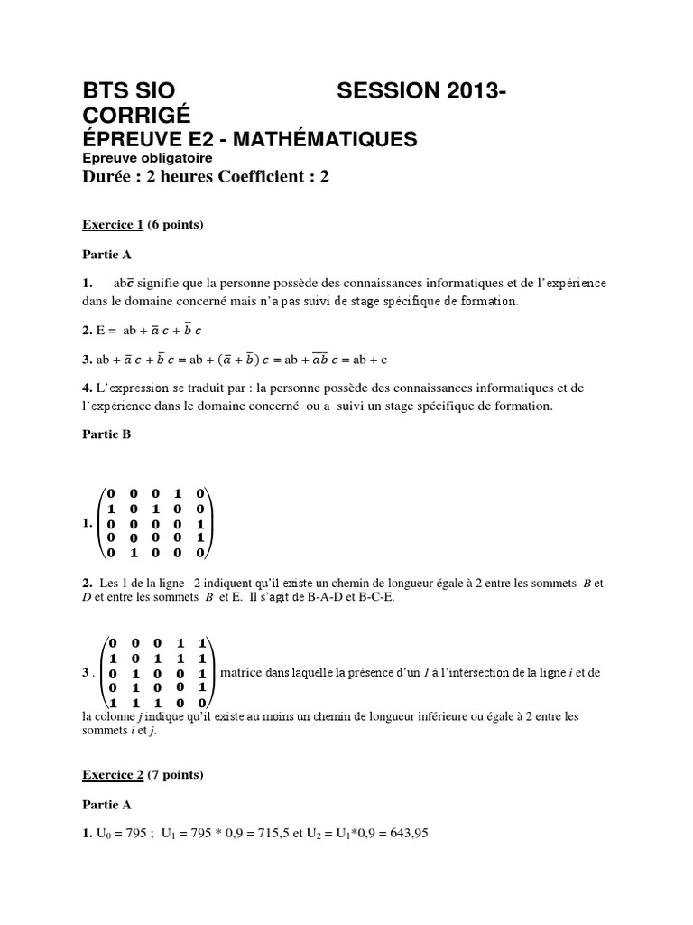 Corrige BTS-SIO Mathematiques 2013 PDF | PDF | Analyse mathématique | Concepts mathématiques