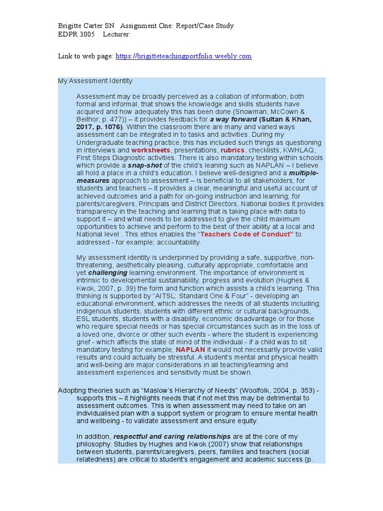 Brigitte Carter SN Assignment One: Report/Case Study EDPR 3005 Lecturer ...
