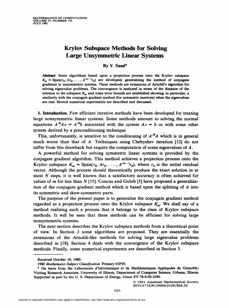 Krylov Subspace Methods For Solving Large Unsymmetric Linear Systems ... Krylov Subspace Methods For Solving Large Unsymmetric Linear Systems ...