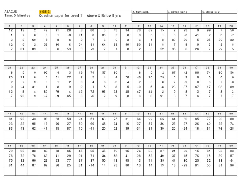 Level 1 Abacus Question Paper | PDF