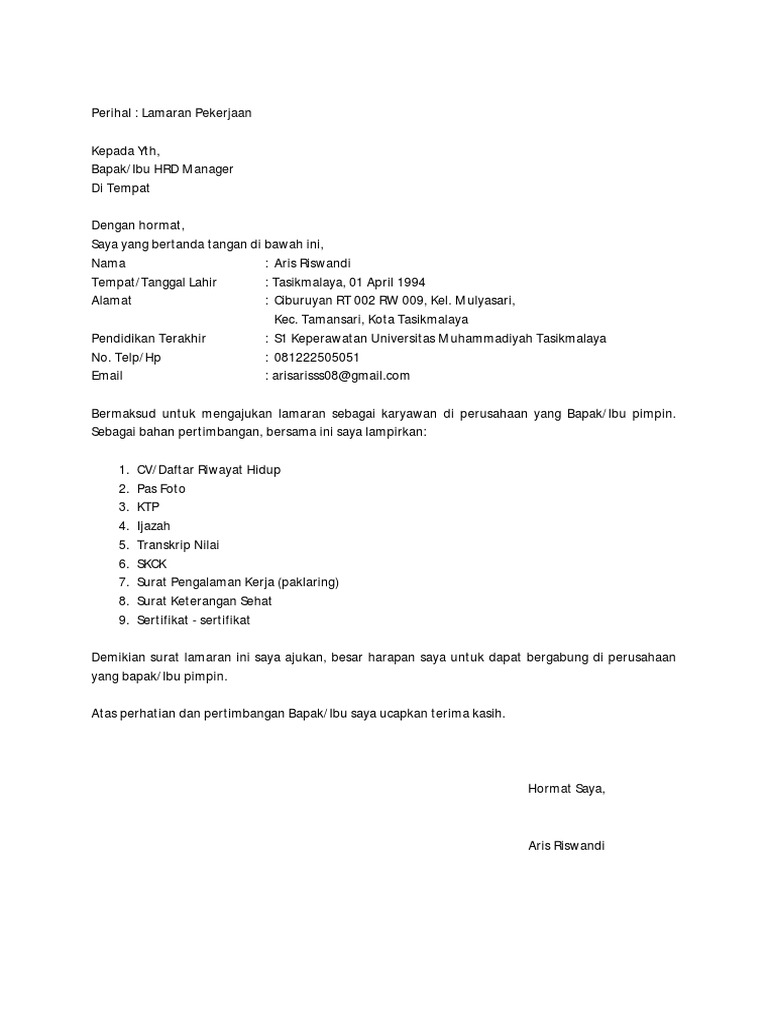 Lamaran Kerja Aris Riswandi | PDF