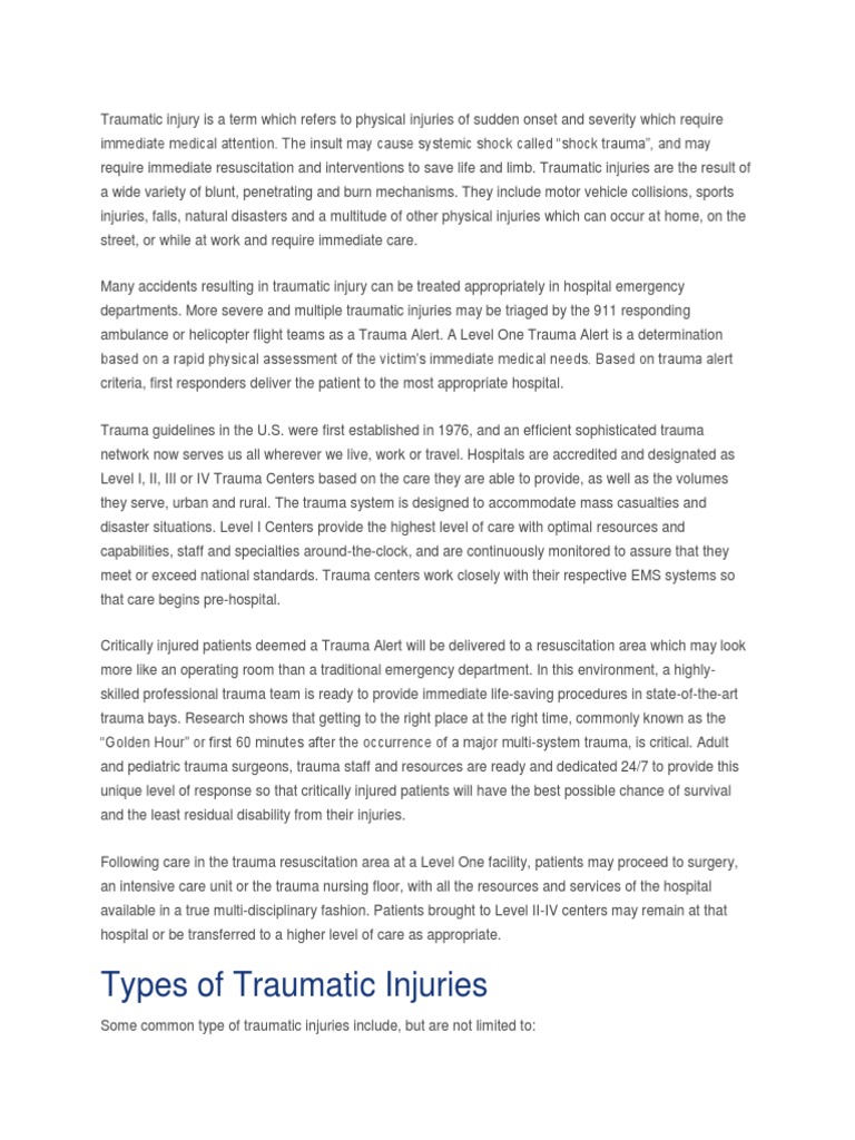 Types of Traumatic Injuries | PDF | Psychological Trauma | Major Trauma