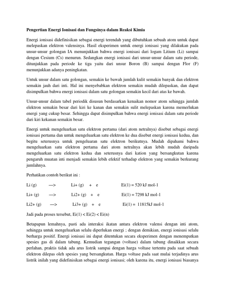 Pengertian Energi Ionisasi Dan Fungsinya Dalam Reaksi Kimia | PDF