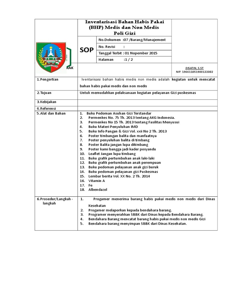 SOP Inventaris BHP Poli Gizi | PDF