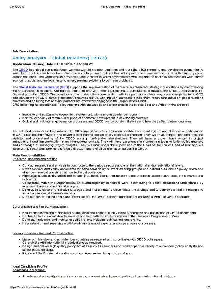 Policy Analysts - Global Relations (12373) : Job Description | PDF ...