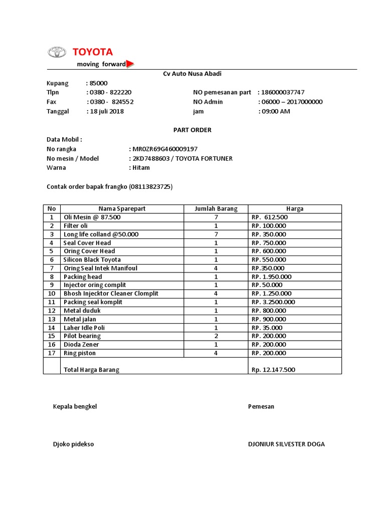 Nota Service Mobil Toyota Fortuner | PDF