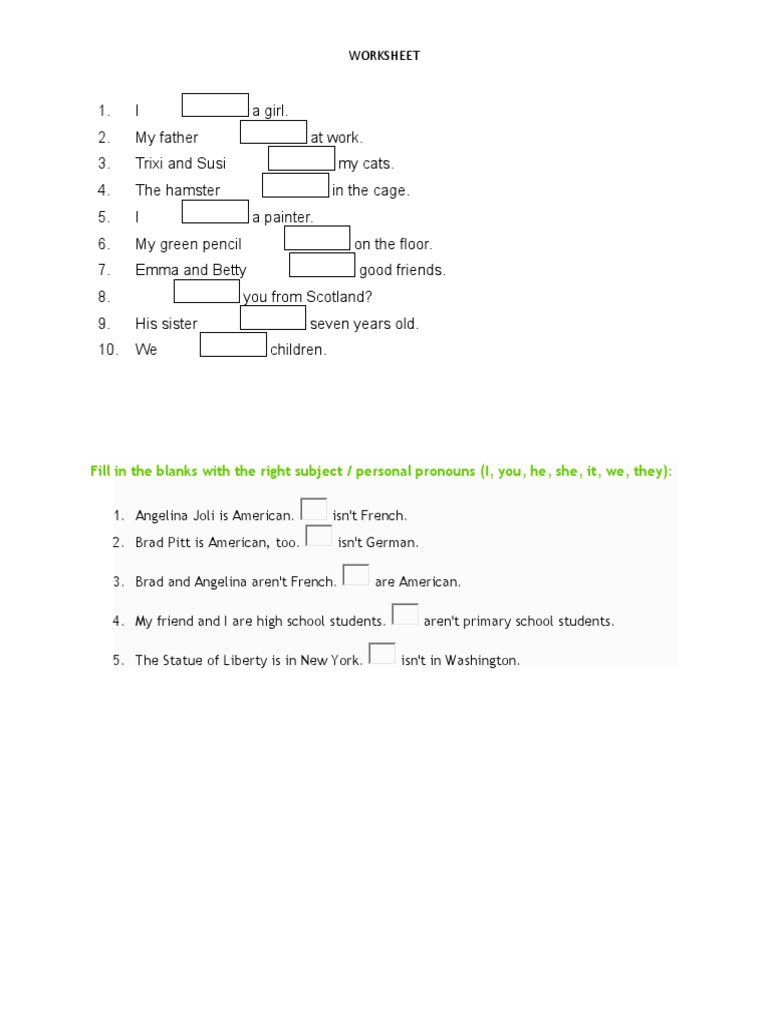 Fill in The Blanks With The Right Subject / Personal Pronouns (I, You ...