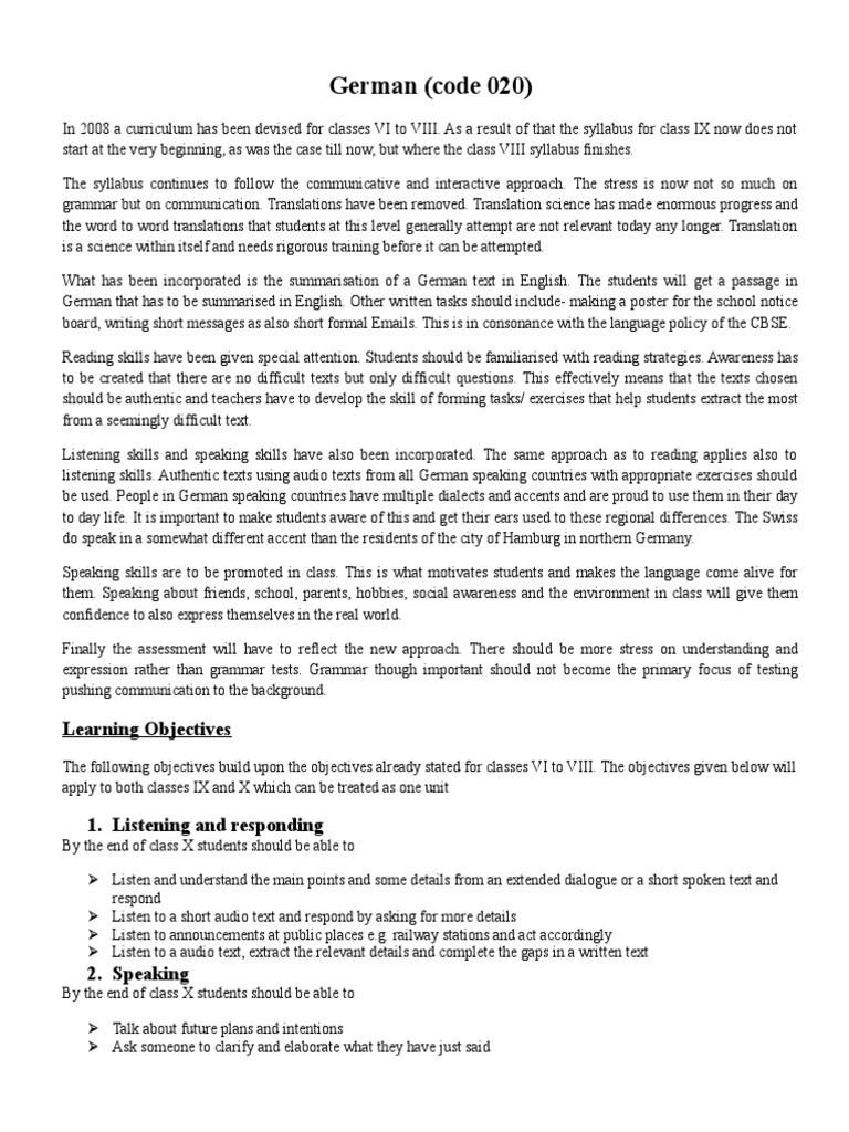 German Class Ix X | PDF | Reading Comprehension | English Language