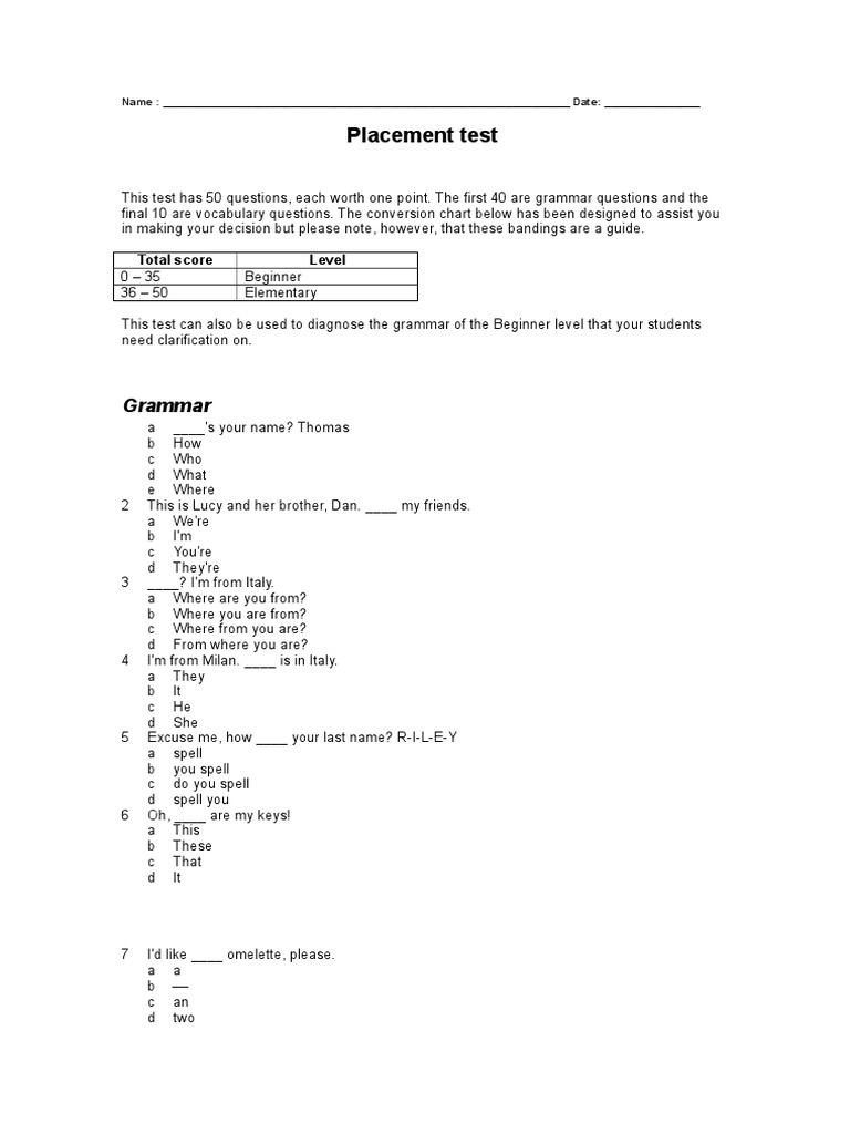 Beginner Elementary Placement Test | PDF