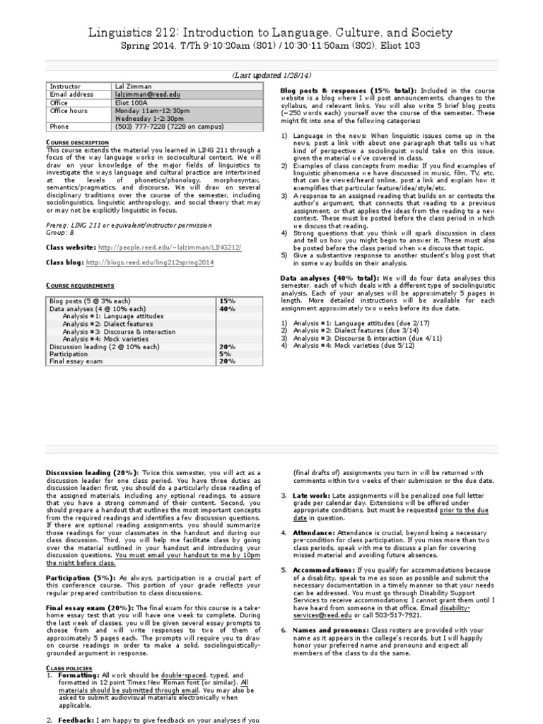 Language, Culture and Society Syllabus | PDF | Sociolinguistics ...