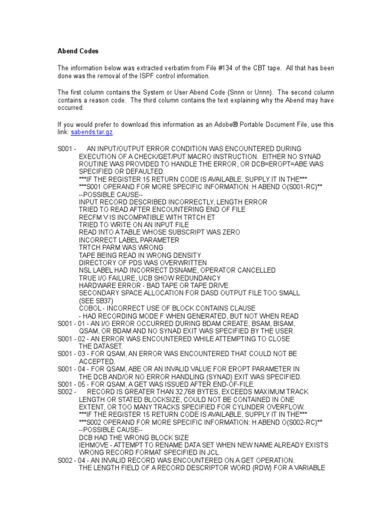 Abend Codes: Sabends - Tar.gz | PDF | Subroutine | Computer Data Storage