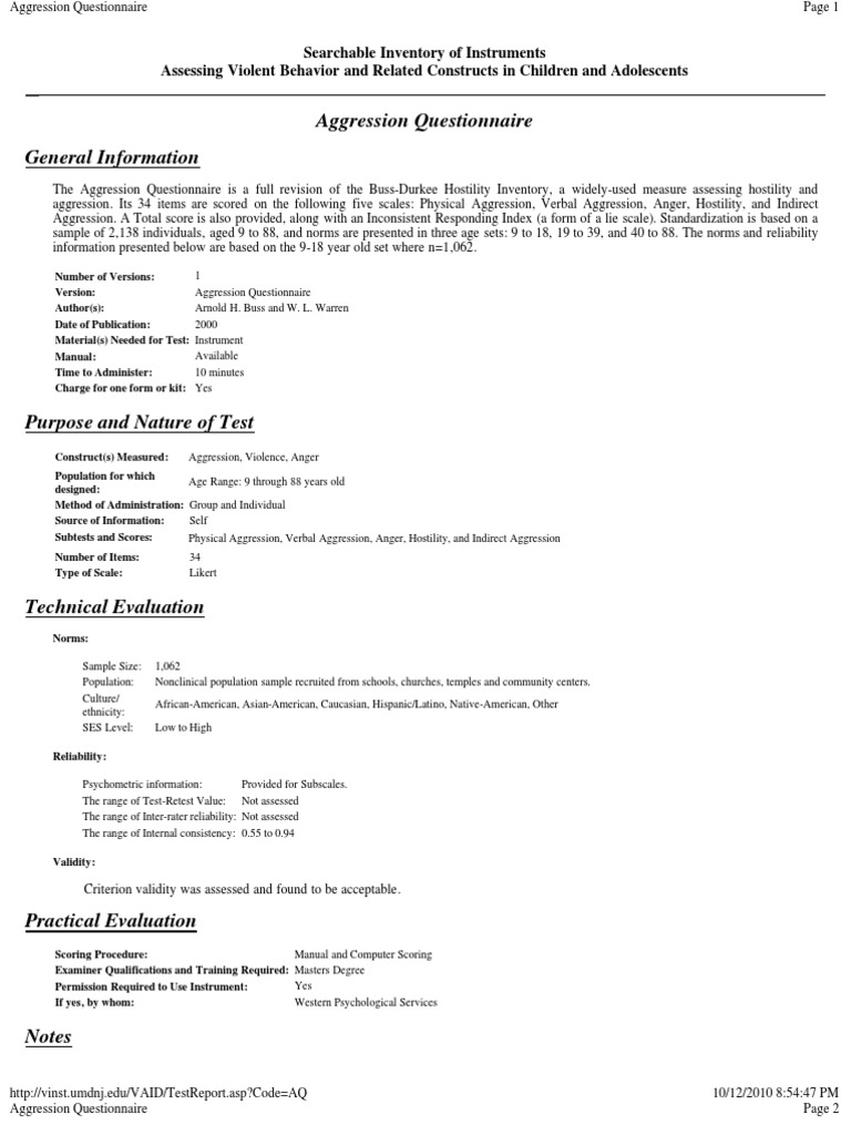 Aggression Questionnaire | PDF | Aggression | Race And Ethnicity In The ...
