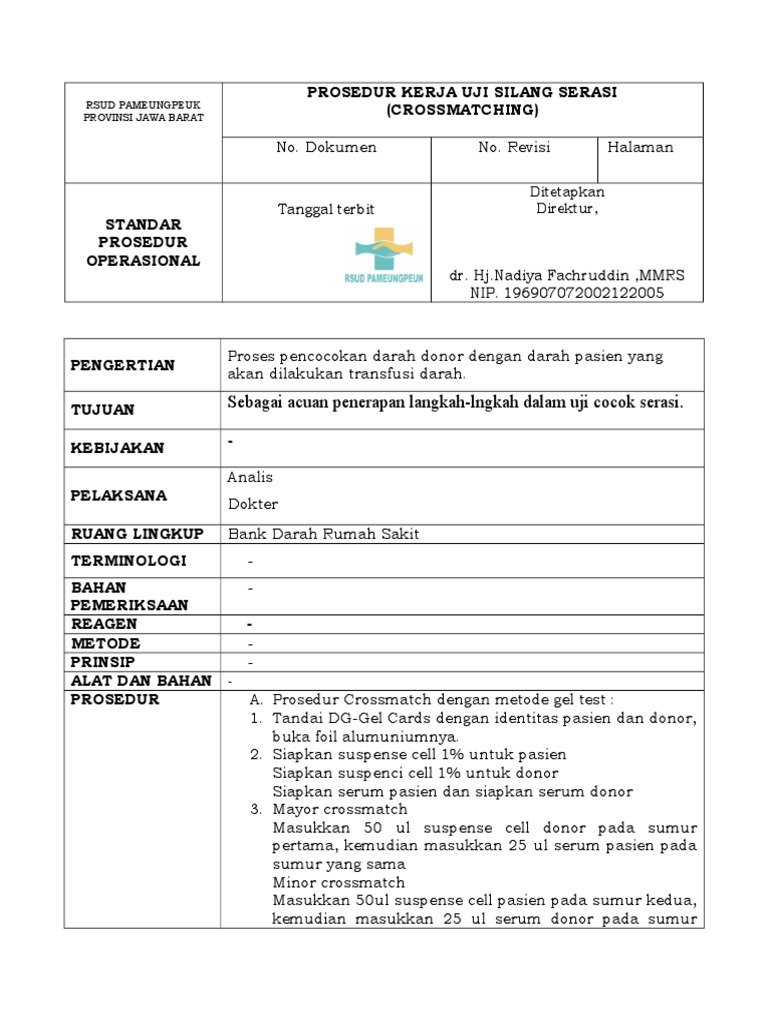 Sop Prosedur Crossmatch | PDF