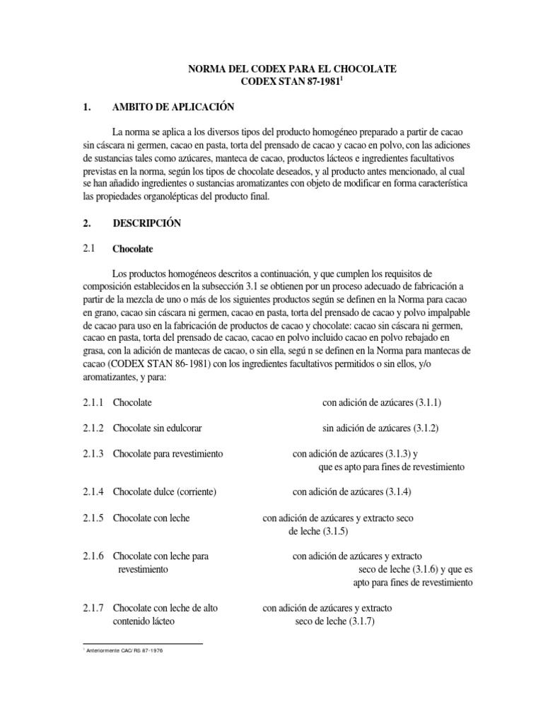 Norma Codex para el Chocolate | PDF | Sólidos de cacao | Chocolate