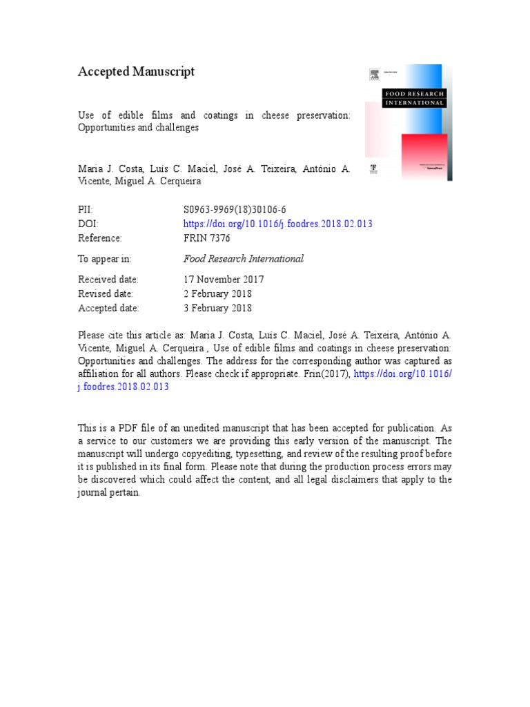 Accepted Manuscript: Food Research International | PDF | Cheese | Emulsion
