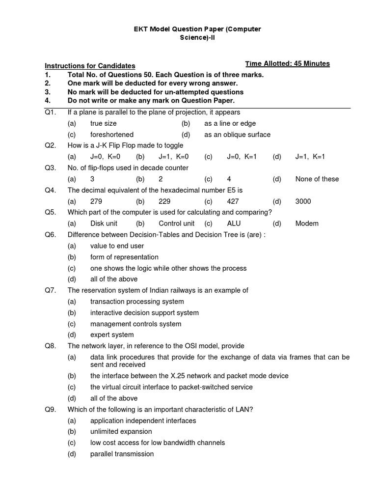 EKT Model Question Paper: Computer Science | PDF | Computer Data ...