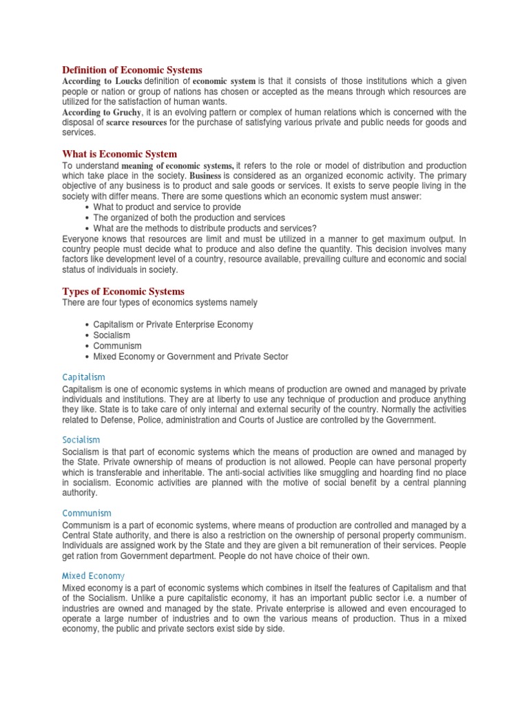 Definition of Economic Systems | PDF | Economic System | Resource