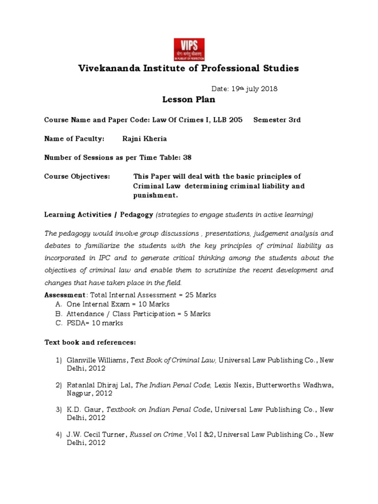 Ipc Lesson Plan Pdf Mens Rea Criminal Law 
