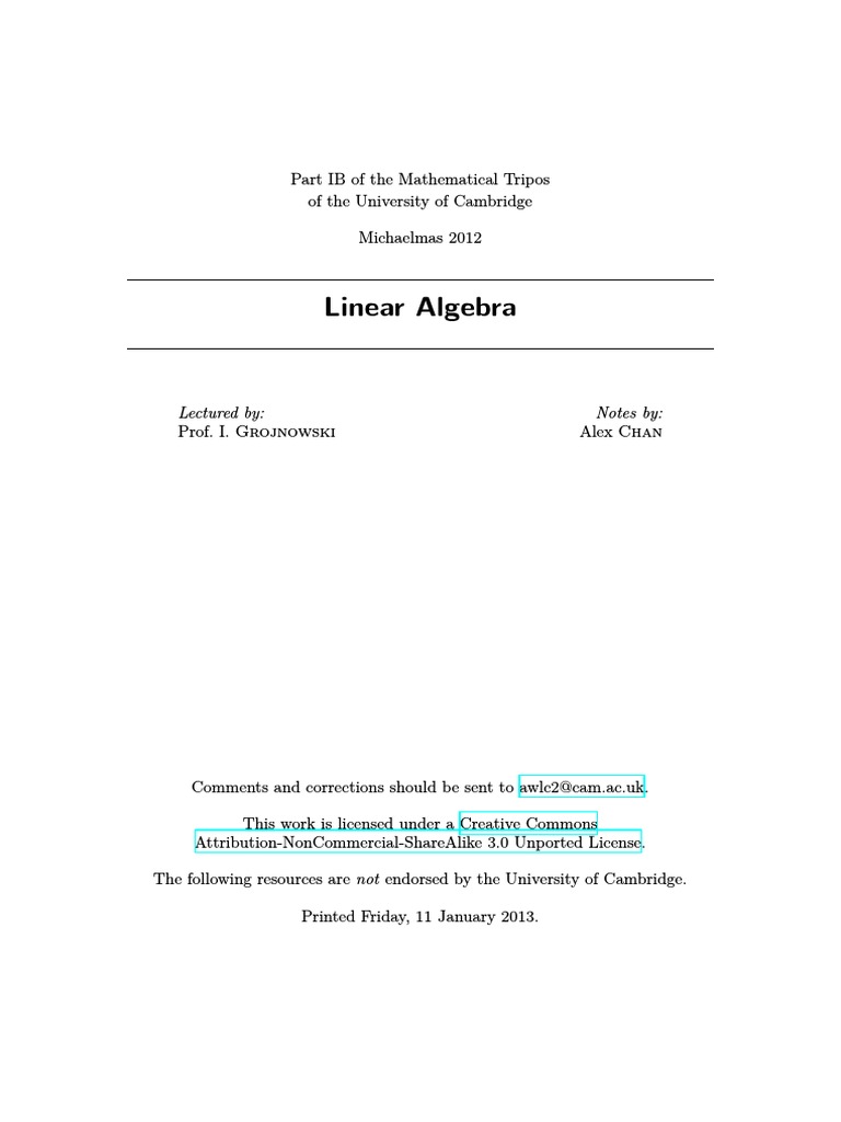 Cambridge Linear Algebra Notes PDF | PDF | Basis (Linear Algebra ...