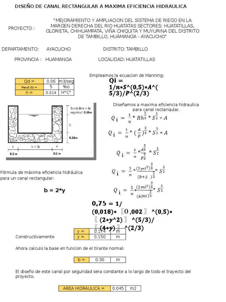 Diseño hidráulico de un canal rectangular y cálculos para un desarenador para mejorar el sistema ...