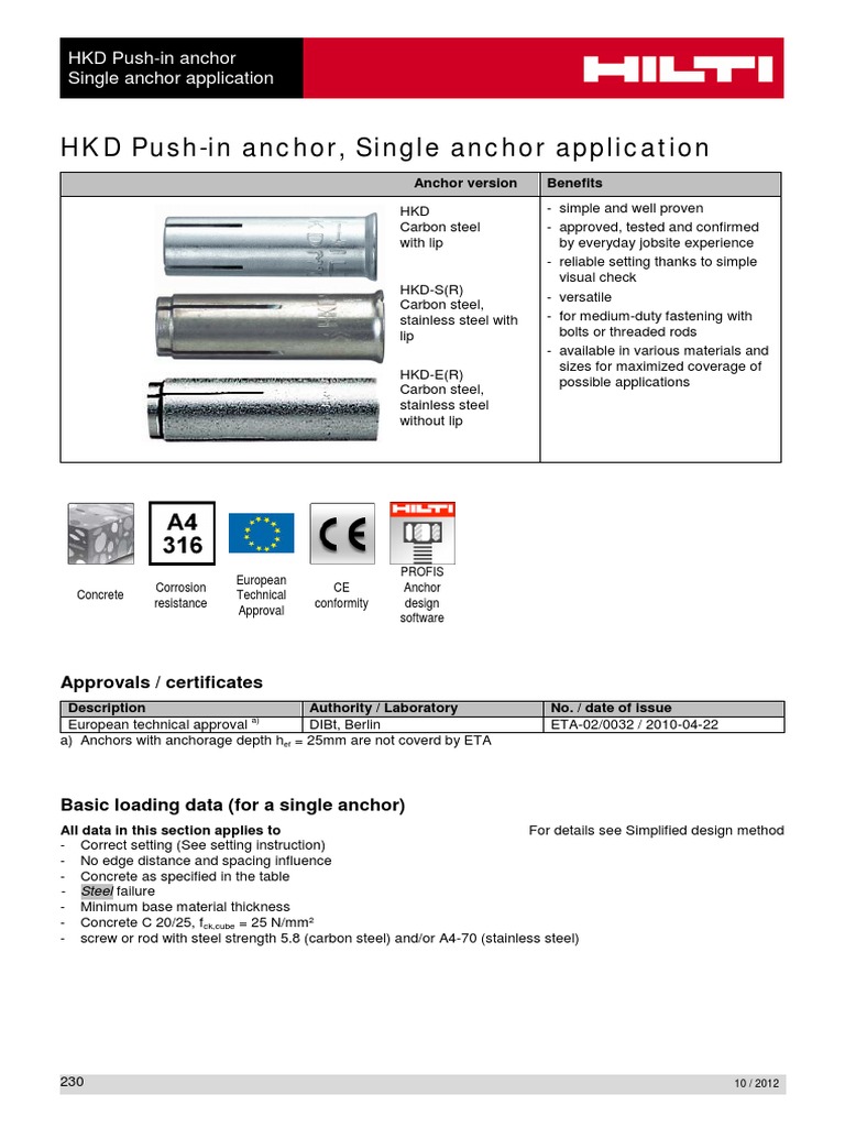 HKD Push-In Anchor Single Anchor Application | PDF | Screw | Strength ...