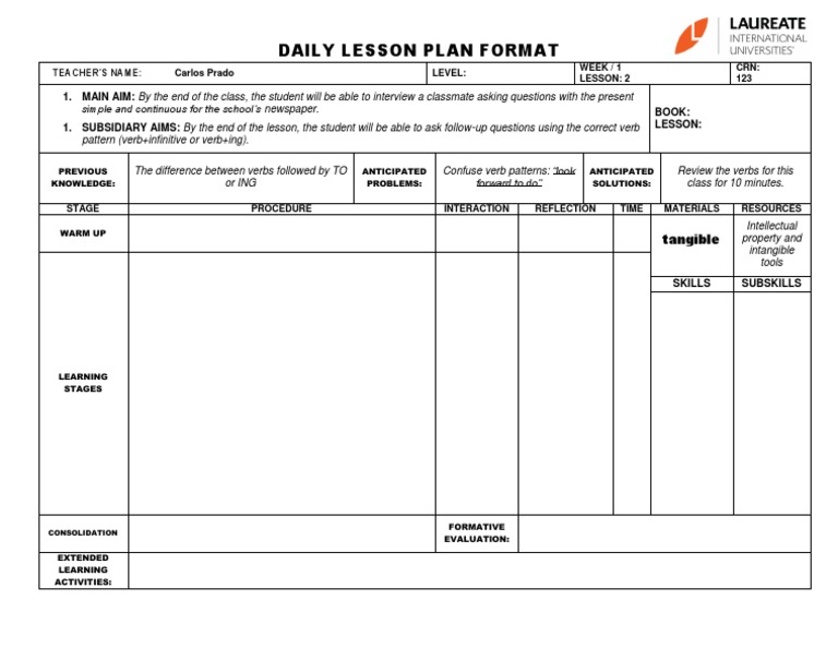 Daily Lesson Plan Format: Teacher'S Name: Carlos Prado Level: Week / 1 ...