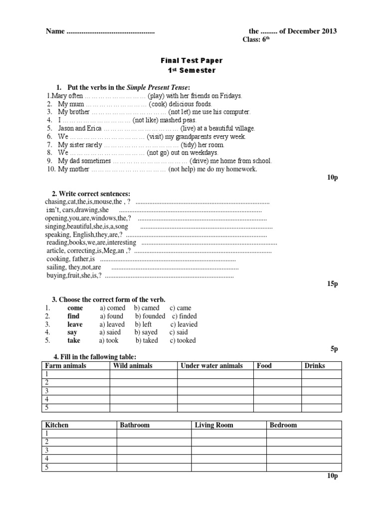 6th Grade English Final Test Paper | PDF | Morphology | Grammar