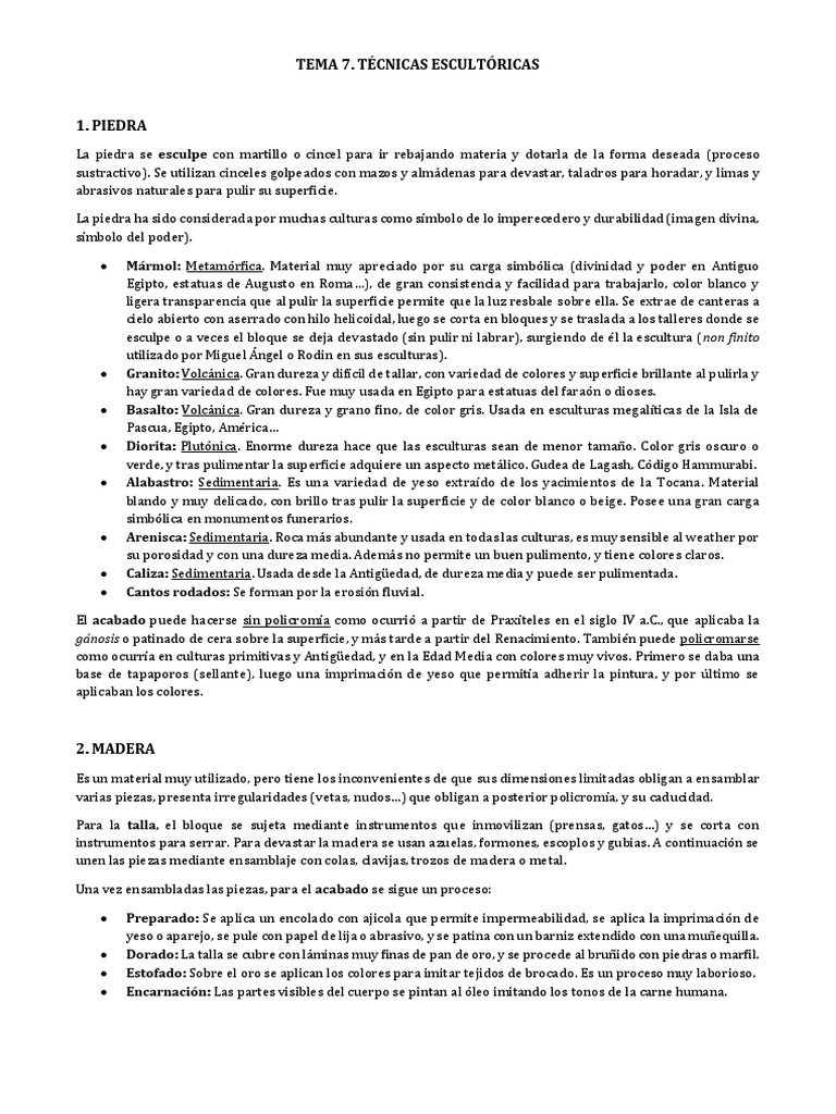Tema 7. Técnicas Escultóricas | PDF | Escultura | Materiales Tema 7. Técnicas Escultóricas | PDF | Escultura | Materiales