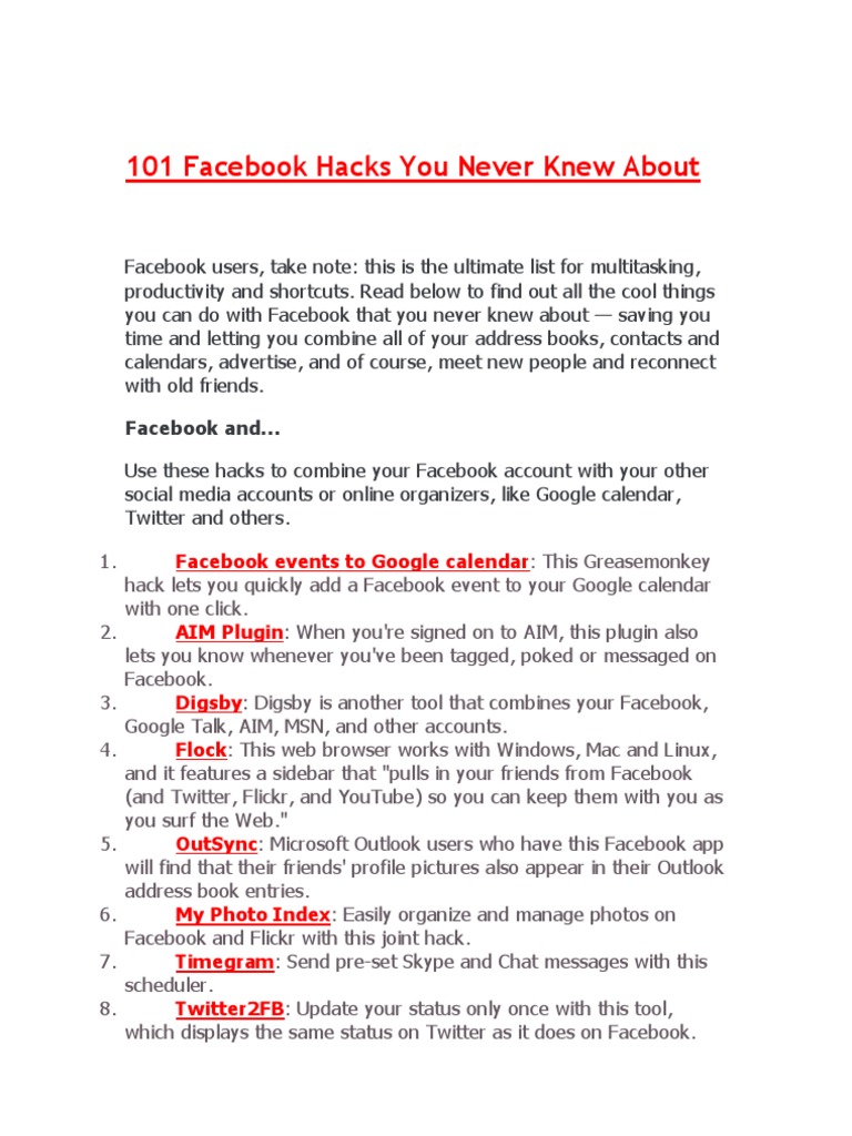 101 Facebook Hacks You Never Knew About | PDF | Facebook | Microsoft ...