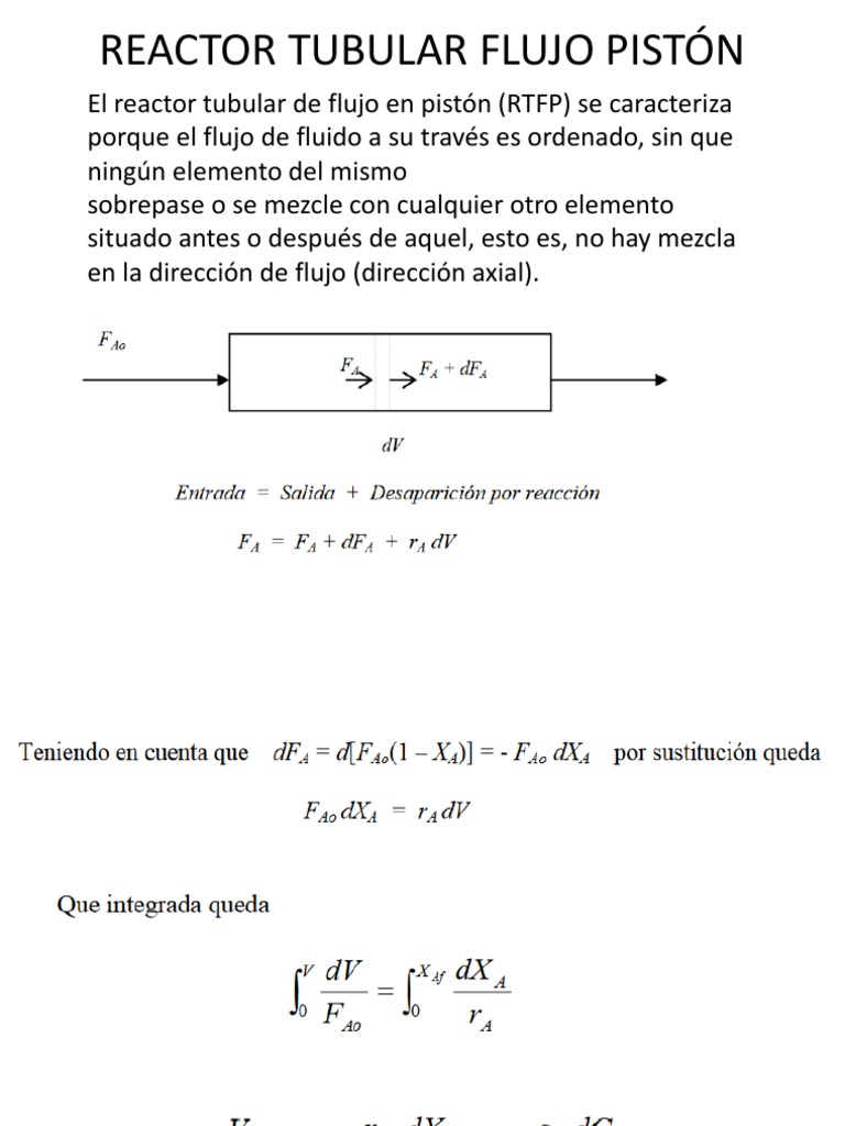 Reactor Tubular Flujo Pistón | Reactor Quimico | Ecuaciones