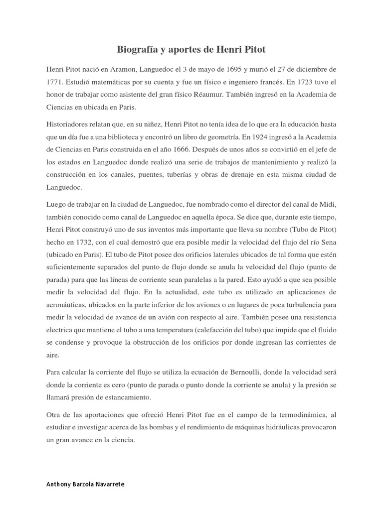 Biografía de Henri Pitot y sus aportes | PDF | Mecánica de Medios ...