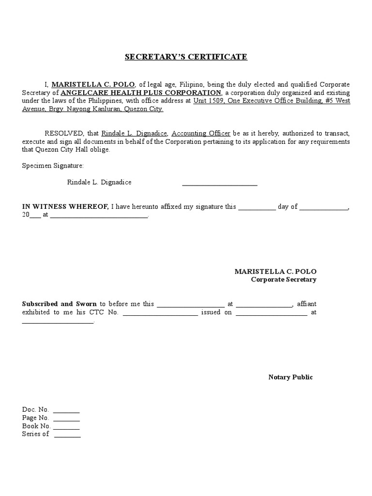 Secretary Certificate Template | PDF