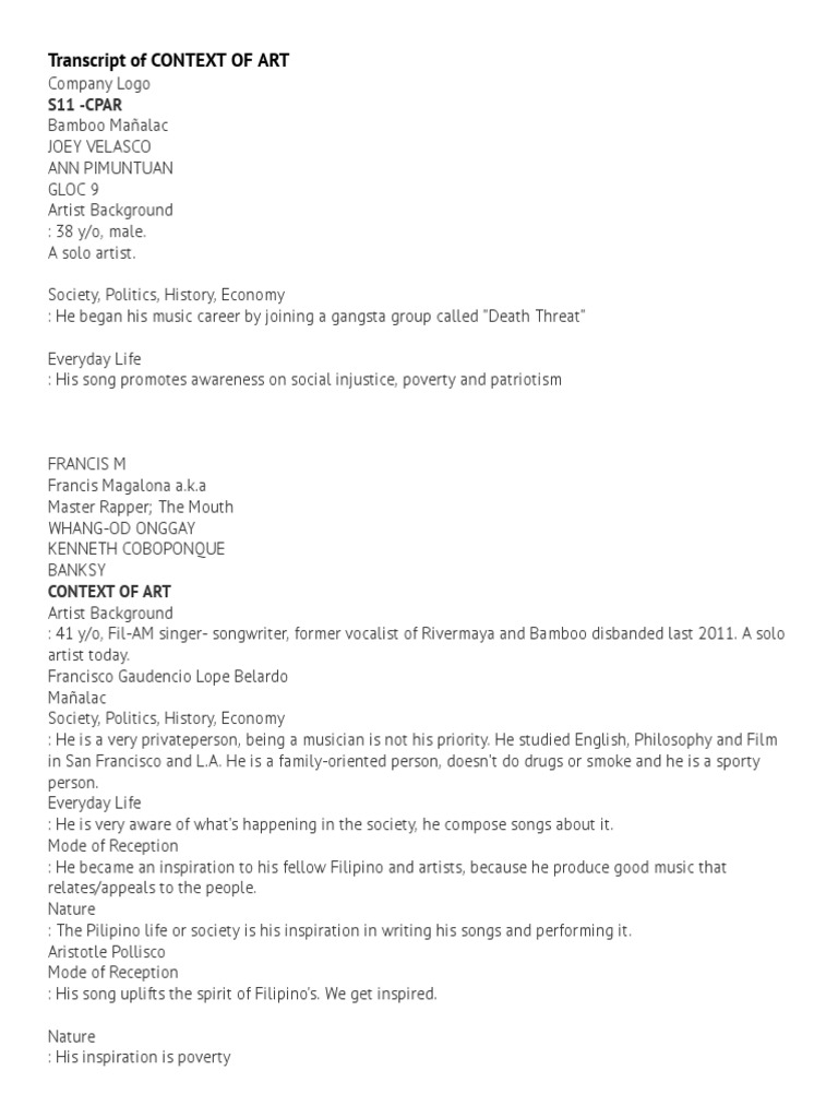 Transcript of CONTEXT OF ART: S11 - CPAR | PDF