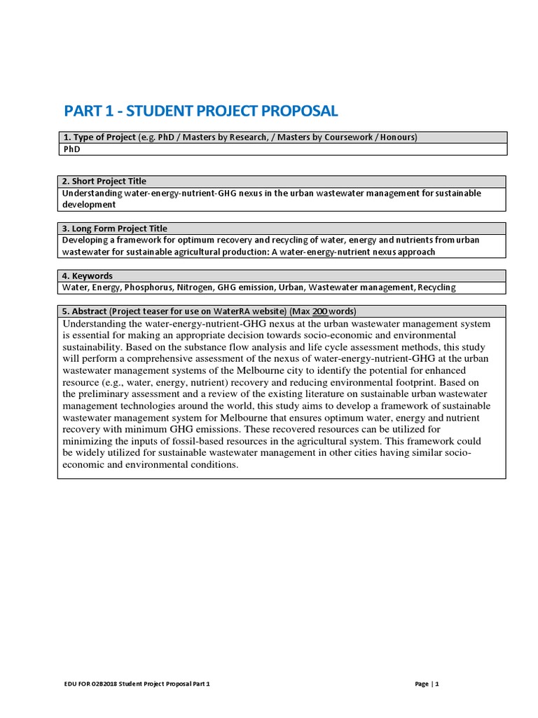 Part 1 - Student Project Proposal: 1. Type of Project (E.G. PHD ...
