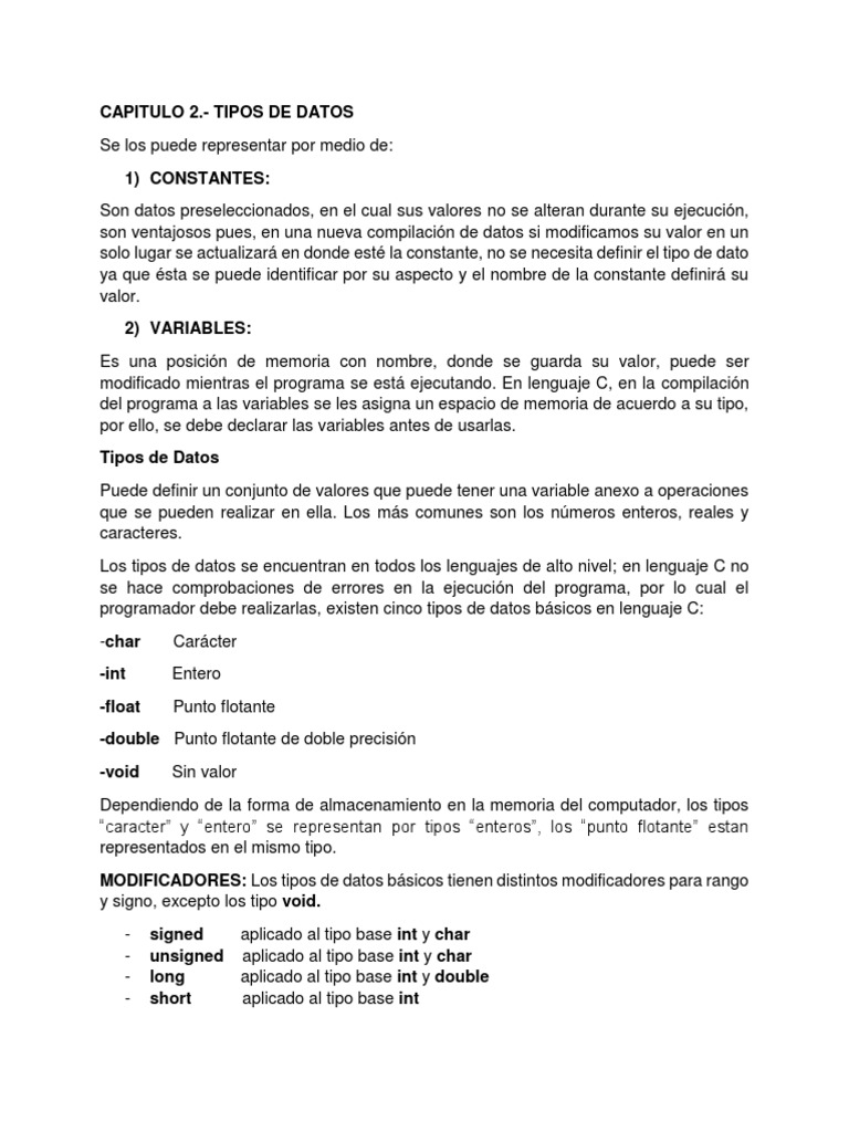 Tipos de Datos en Lenguaje C | PDF | Tipo de datos | Lenguaje de ...