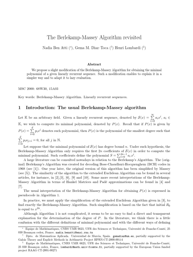 Berlekamp Massey Algorithm Revisited Pdf Pdf Polynomial Algorithms And Data Structures 7038