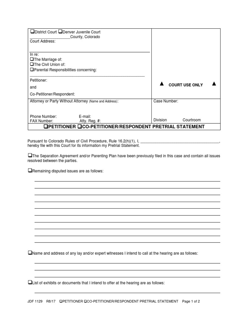 Colorado Pretrial Statement Template | PDF | Mail | Social Institutions