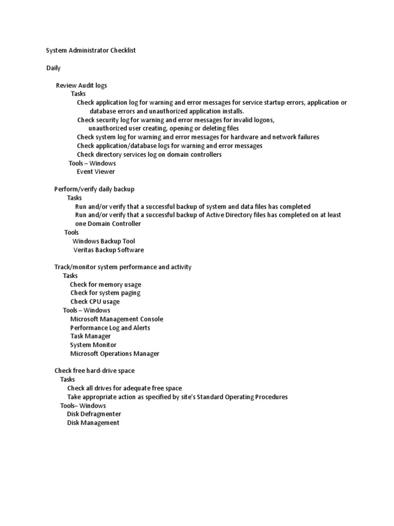 System Administrator Checklist | PDF | Backup | Microsoft Windows