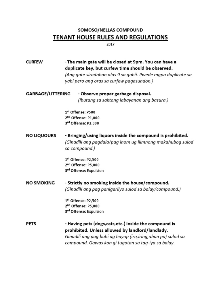 Tenant House Rules and Regulations: 1 Offense: P500 2 Offense: P1,000 3 ...