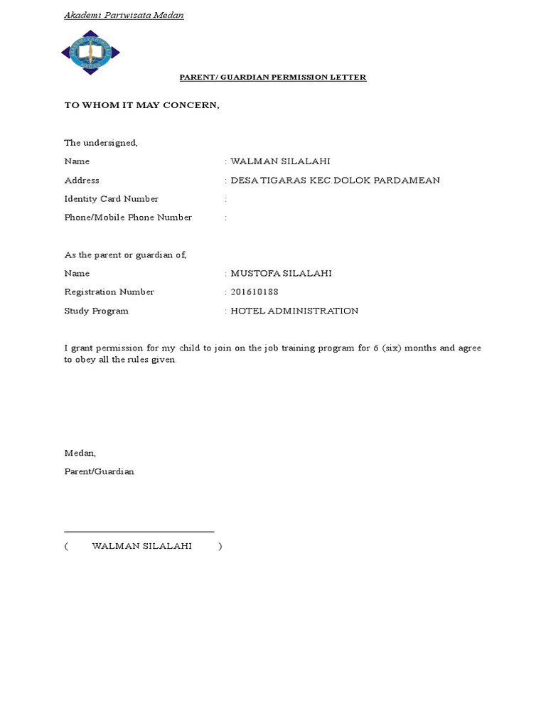 Permission Letter From Parent in English | PDF | Career & Growth | Wellness
